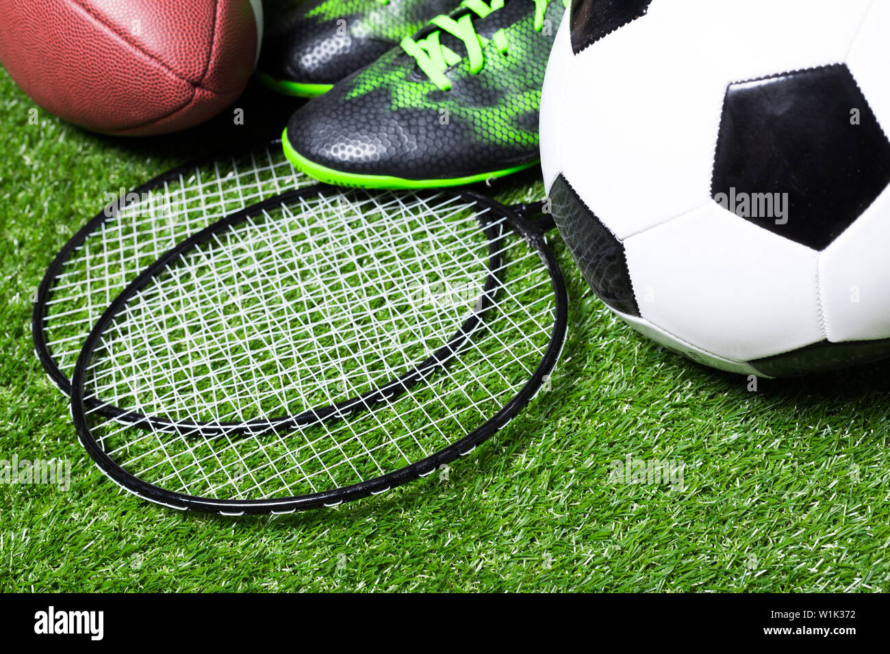 Various sport tools on grass Stock Photo - Alamy