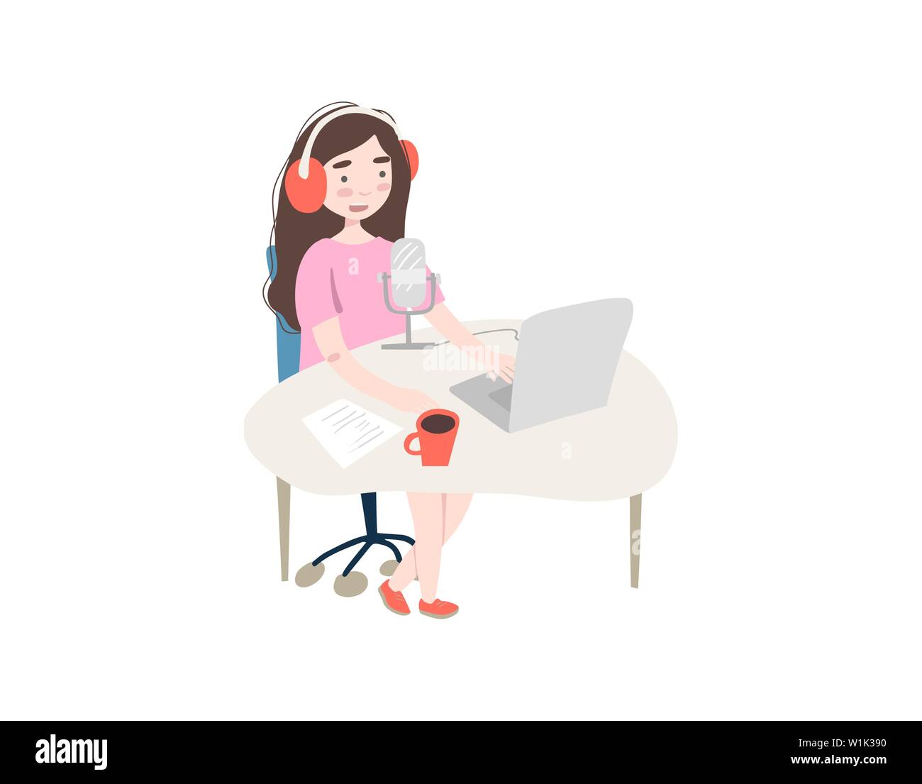 Young woman recording a podcast in a studio with microphone and laptop ...