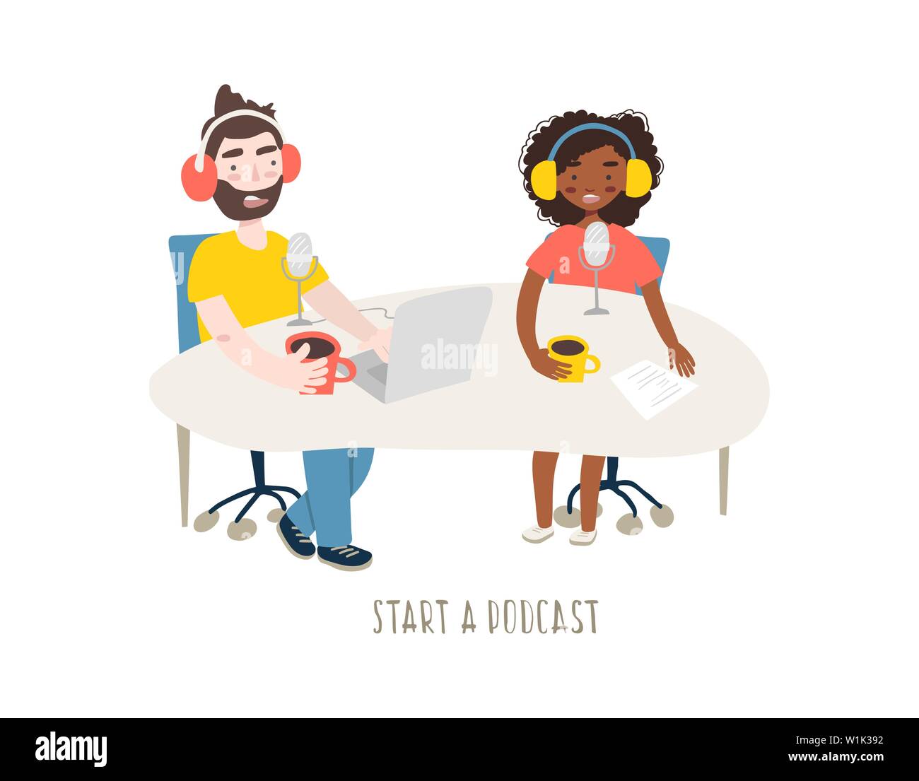 Young woman and man recording a podcast in a studio with microphone and ...