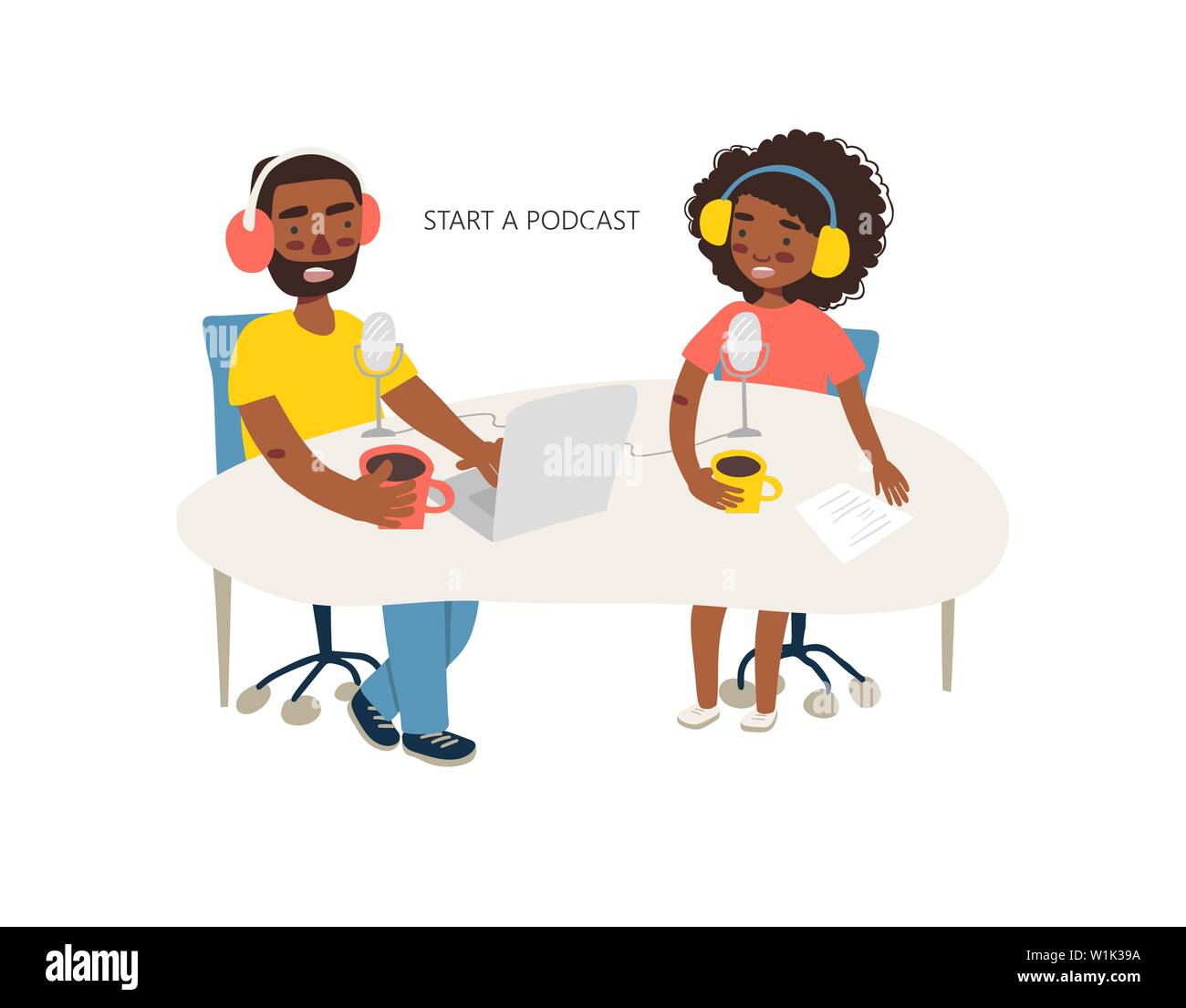 Young woman and man recording a podcast in a studio with microphone and ...