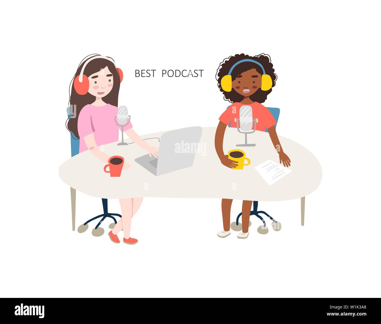 Young women recording a podcast in a studio with microphone and laptop ...