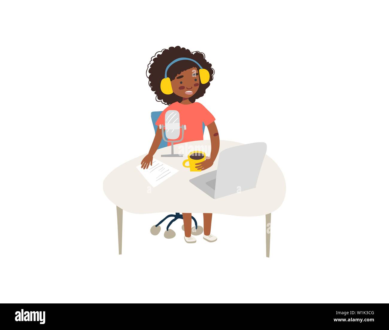 Young woman recording a podcast in a studio with microphone and laptop ...