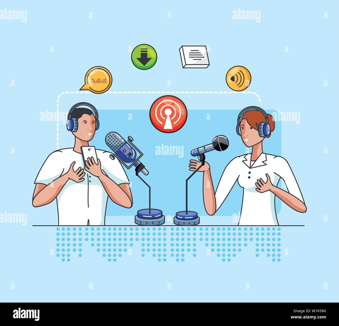 couple with icons of digital audio studio vector illustration design ...