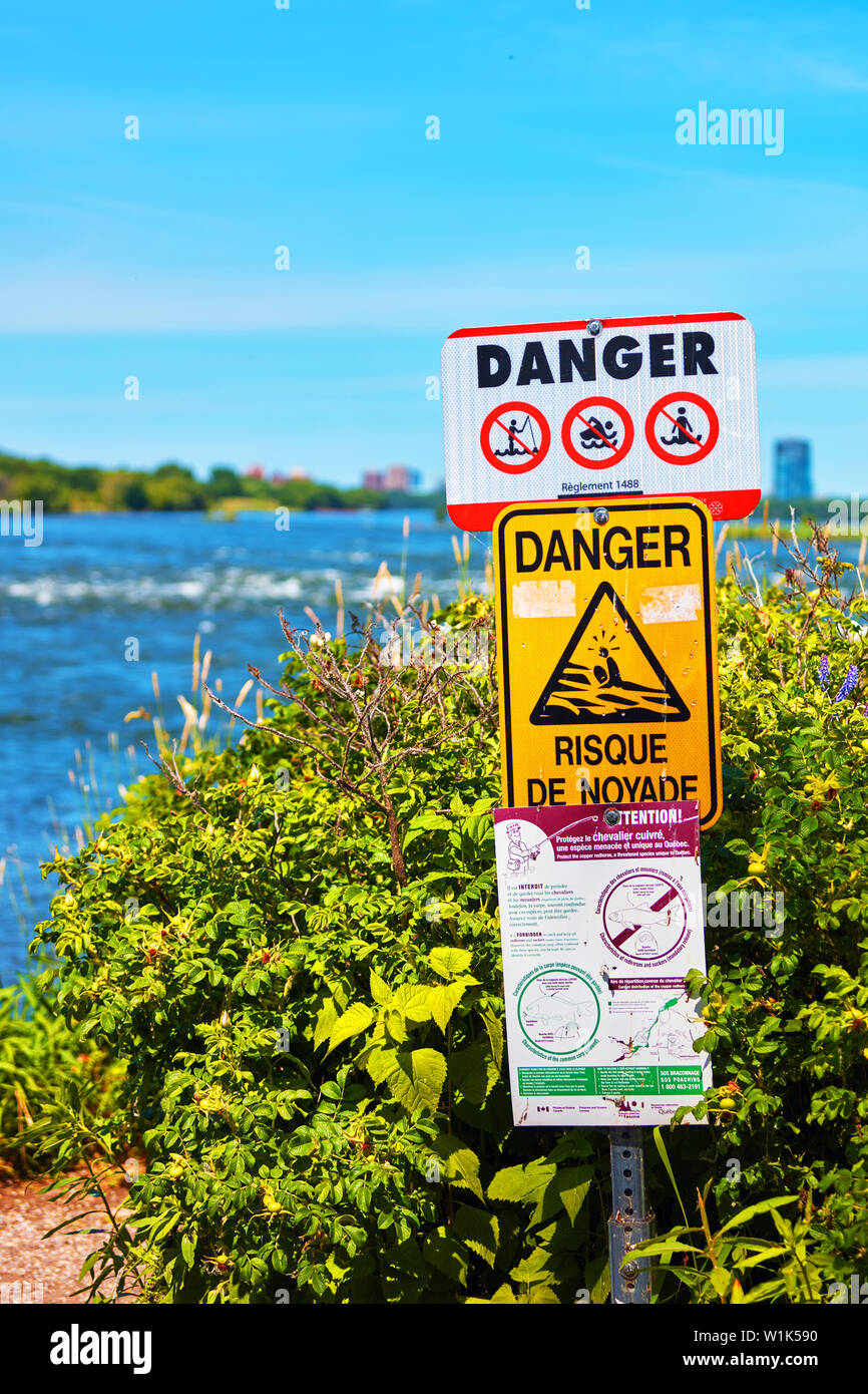 Rapids warning sign against river background in lachine rapids park in ...
