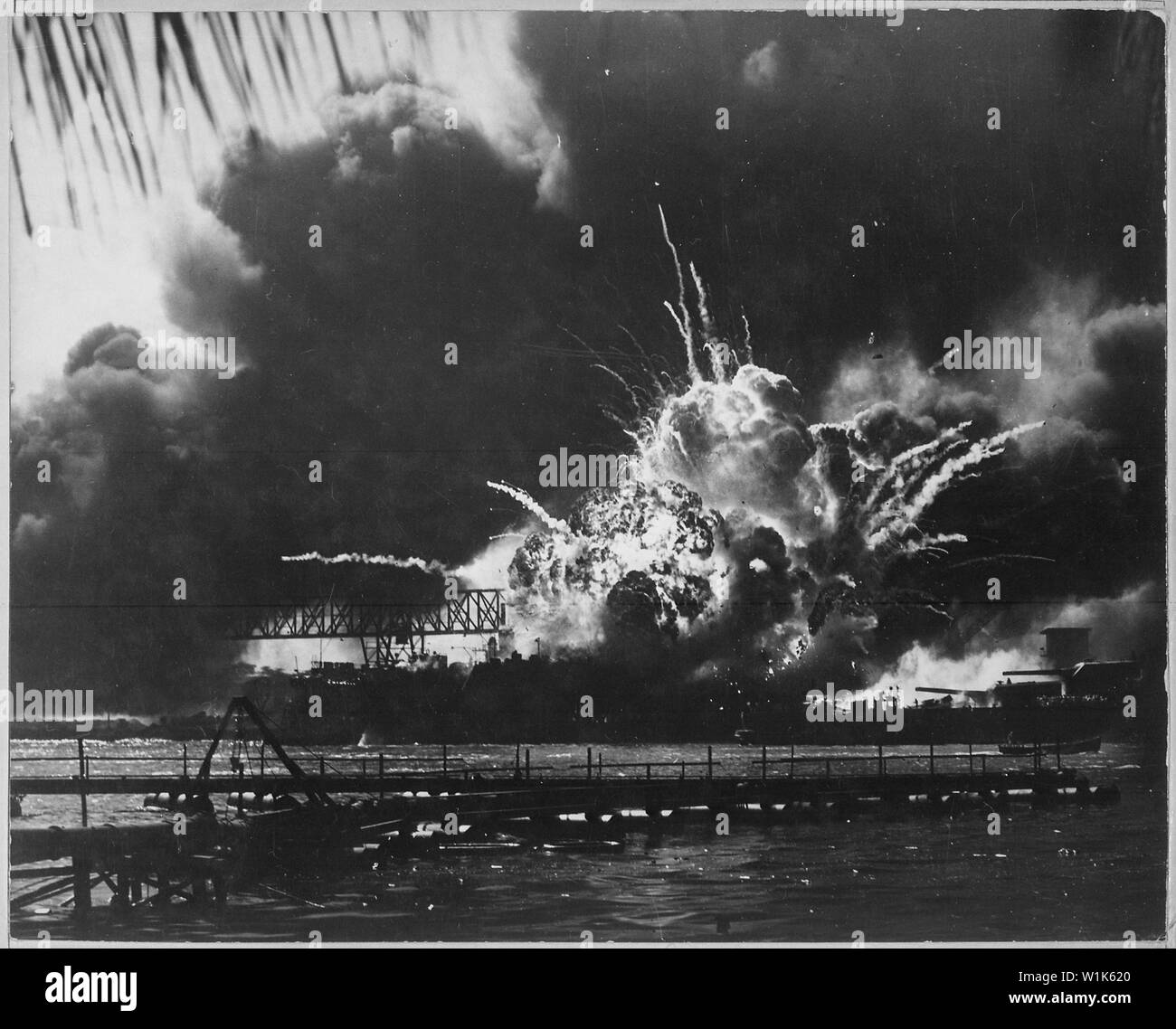 USS SHAW exploding during the Japanese raid on Pearl Harbor, T.H ...