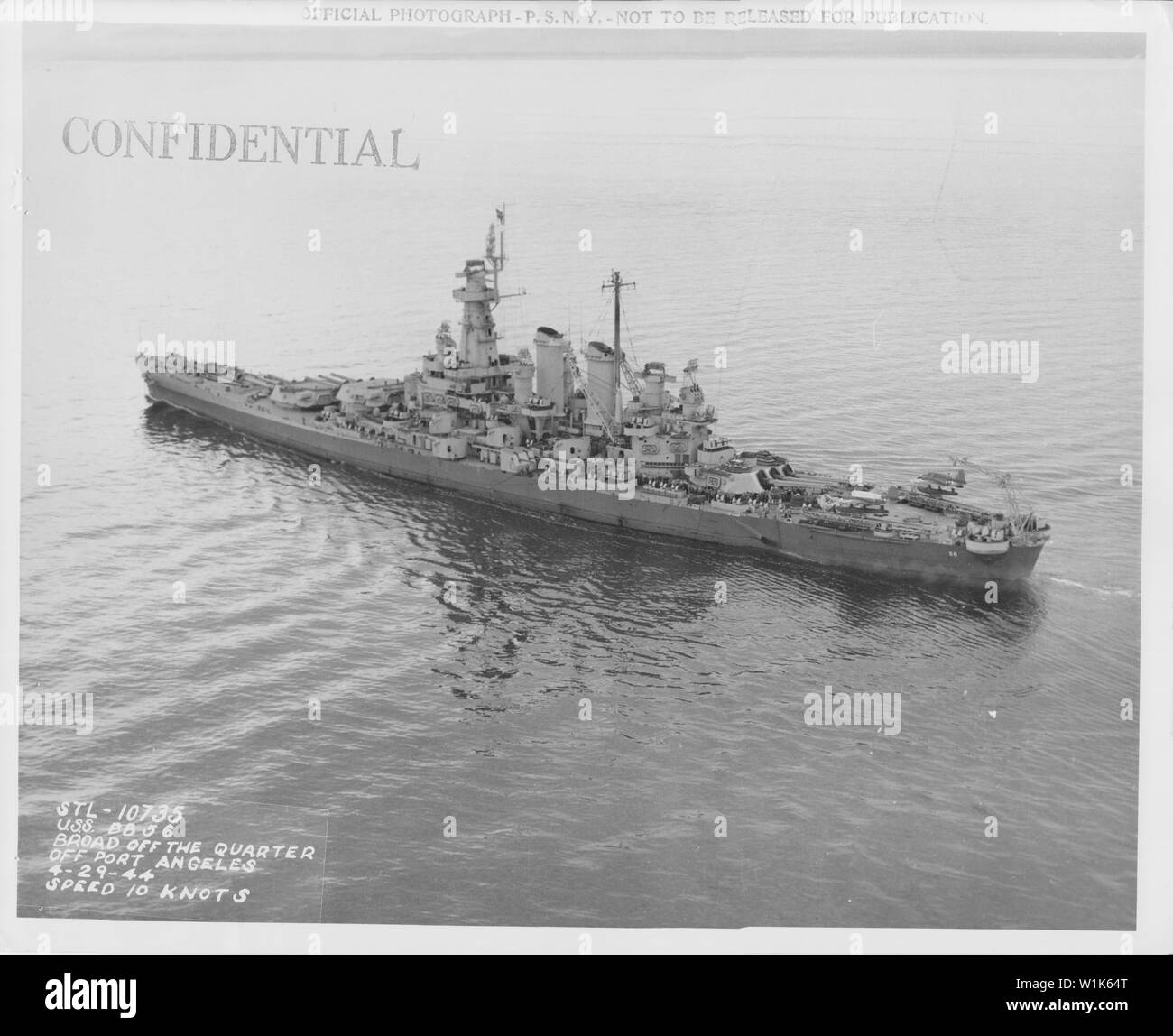 USS BB56, broad off the quarter, off Port Angeles, 4-29-44, speed 10 ...