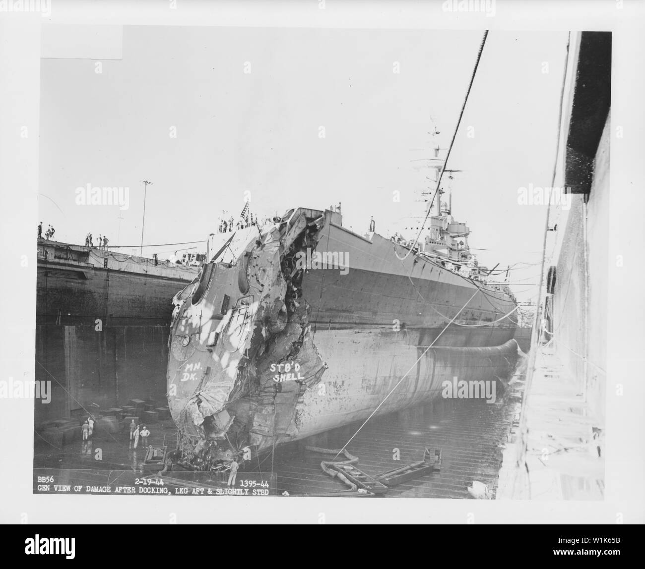 BB56, General view of damage after docking, looking aft and slightly ...