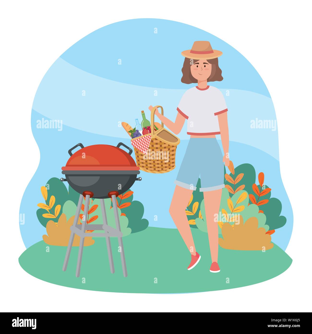 Woman cartoon having picnic design, Food summer outdoor leisure healthy ...