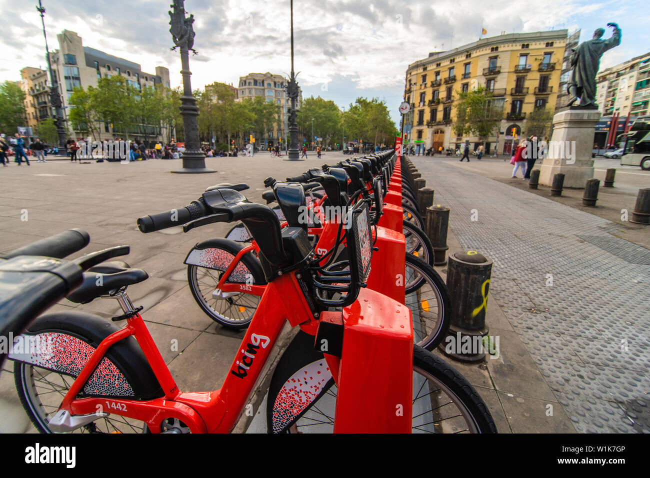 Bicycle rental service spot on city street. Public transportation ...