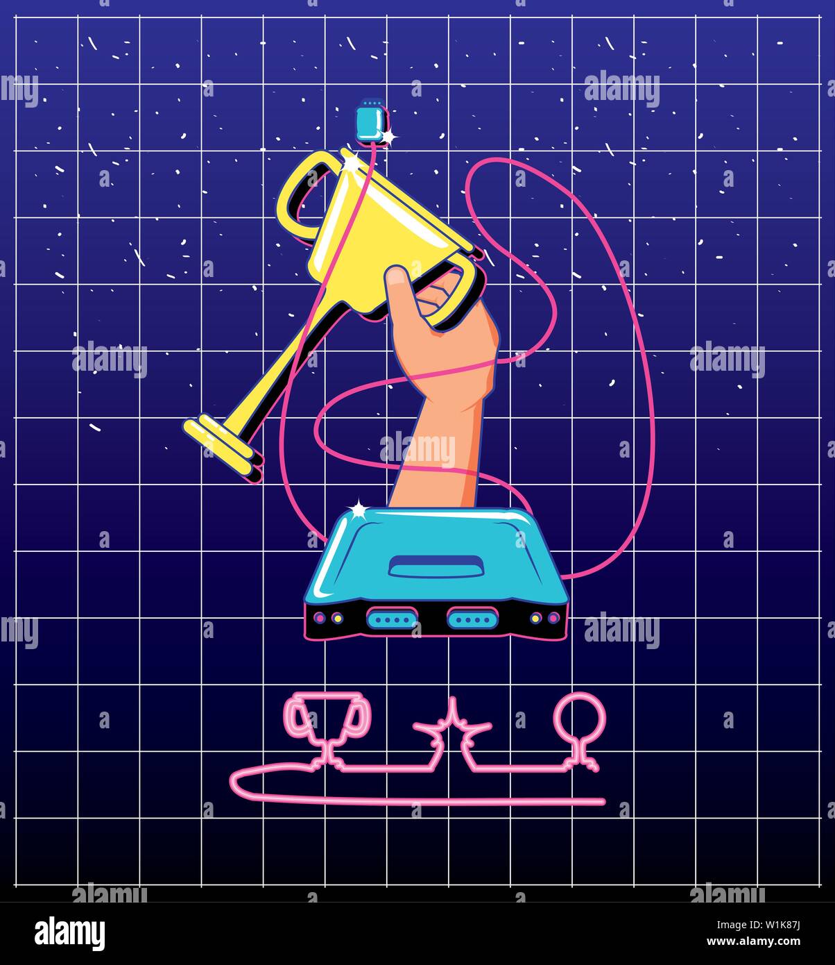 gamers hands playing with console and trophy vector illustration design ...