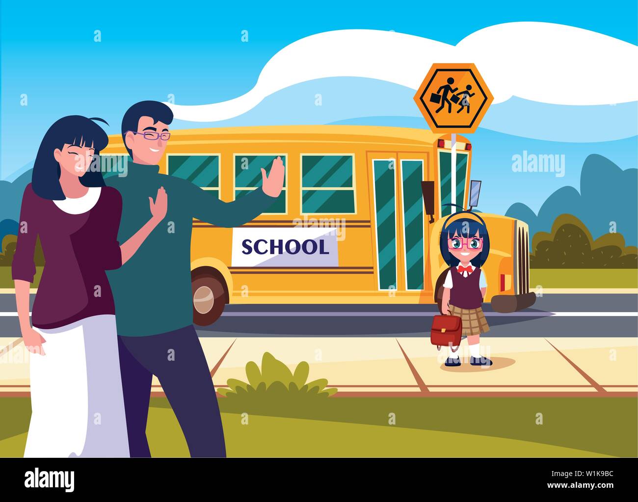parents goodbye to daughter in school bus vector illustration design ...