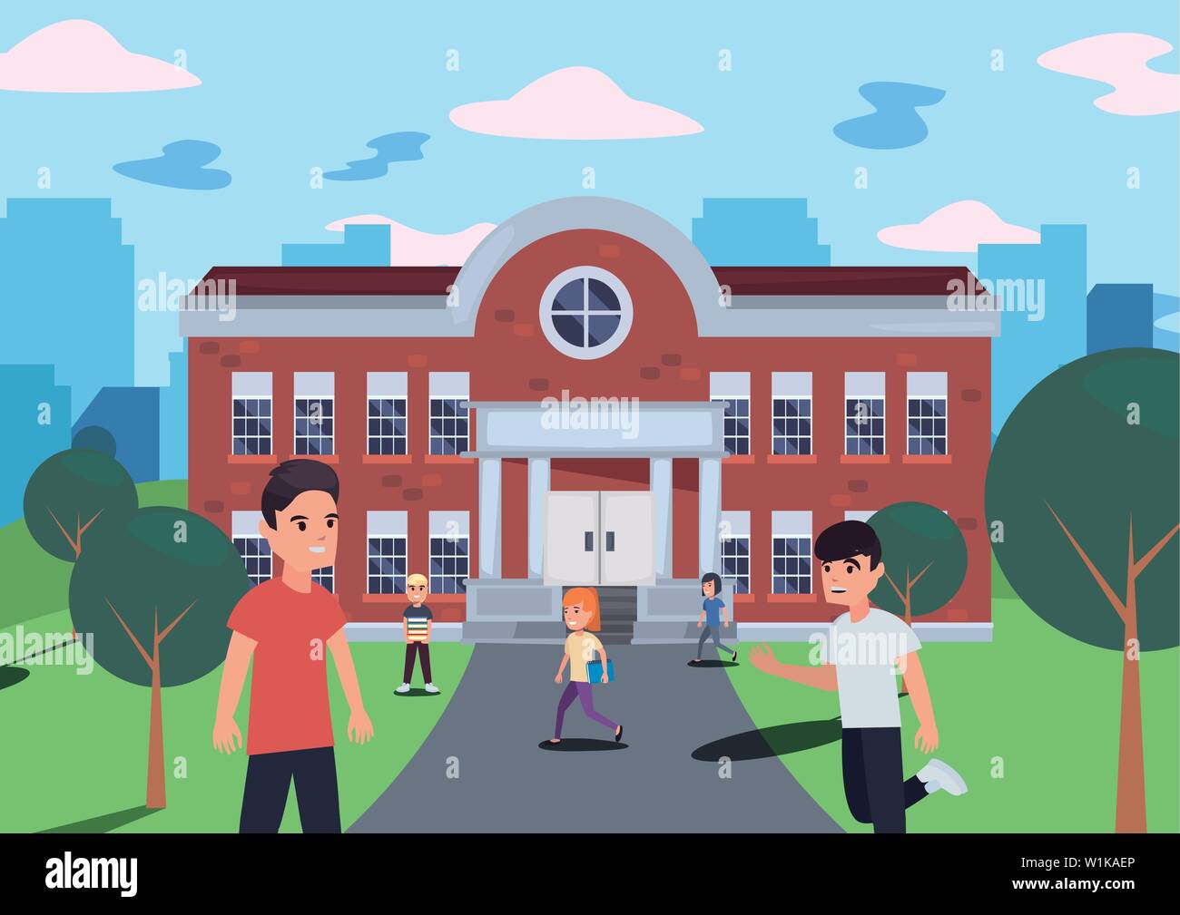 young students in front building back to school vector illustration ...