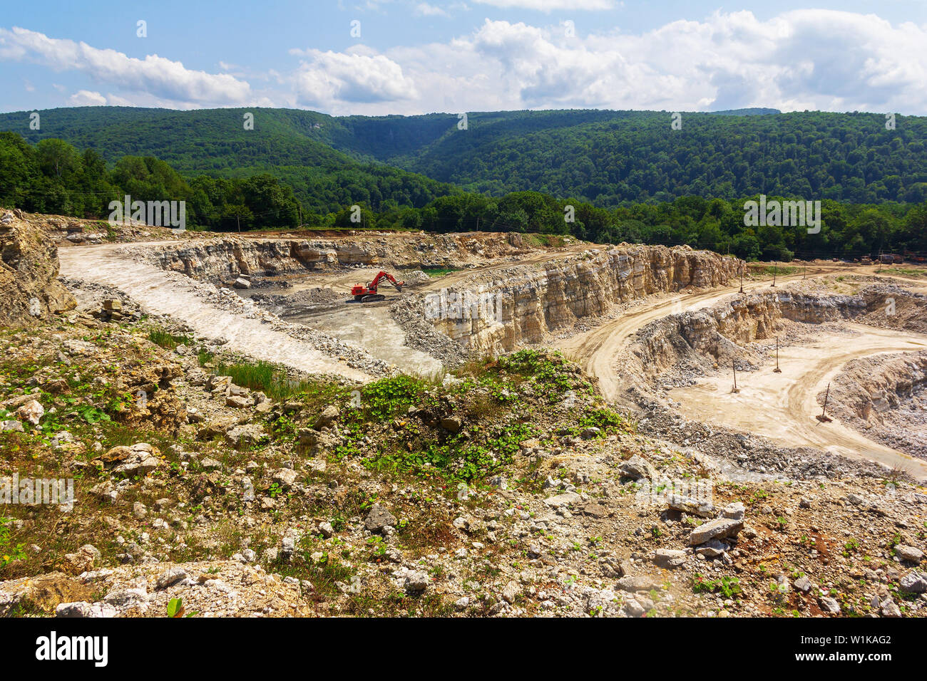 industrial landscape with an excavator in quarry for the extraction of ...