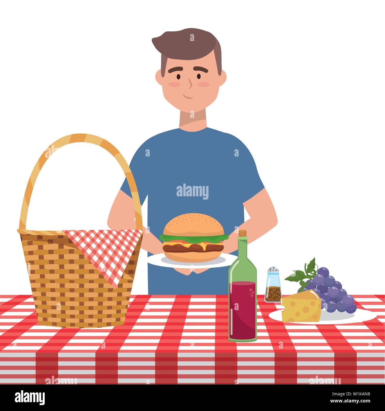Man cartoon having picnic design, Food summer outdoor leisure healthy ...