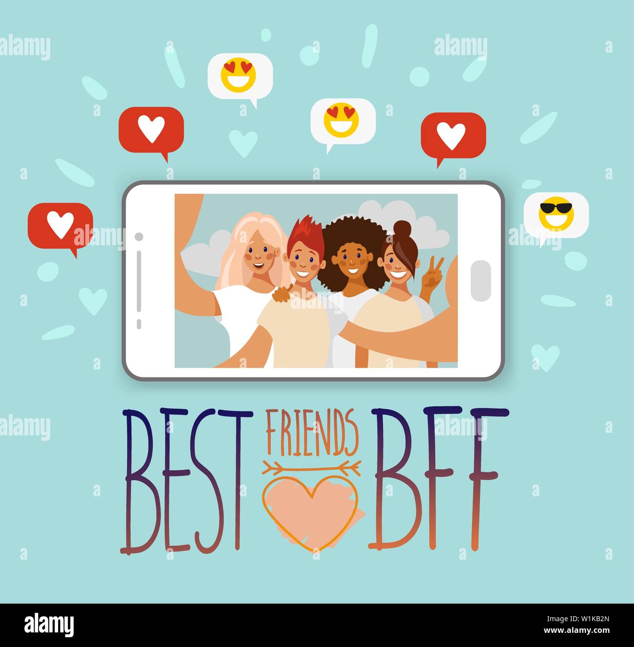 Selfie group of friends of girls on the screen of the smartphone ...