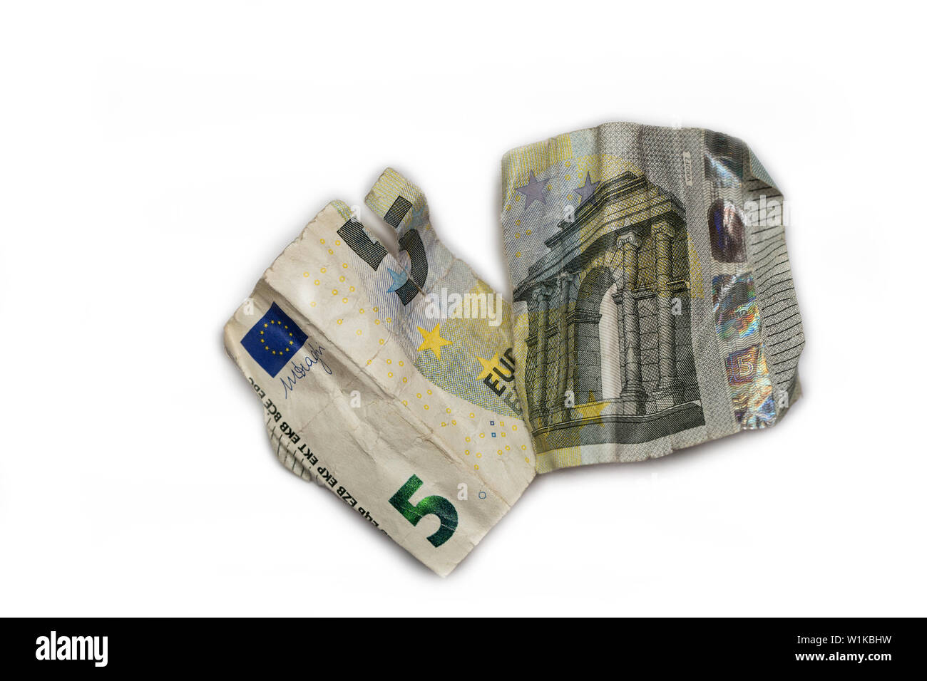 torn ripped money, real broken five euro bill isolated on white Stock ...