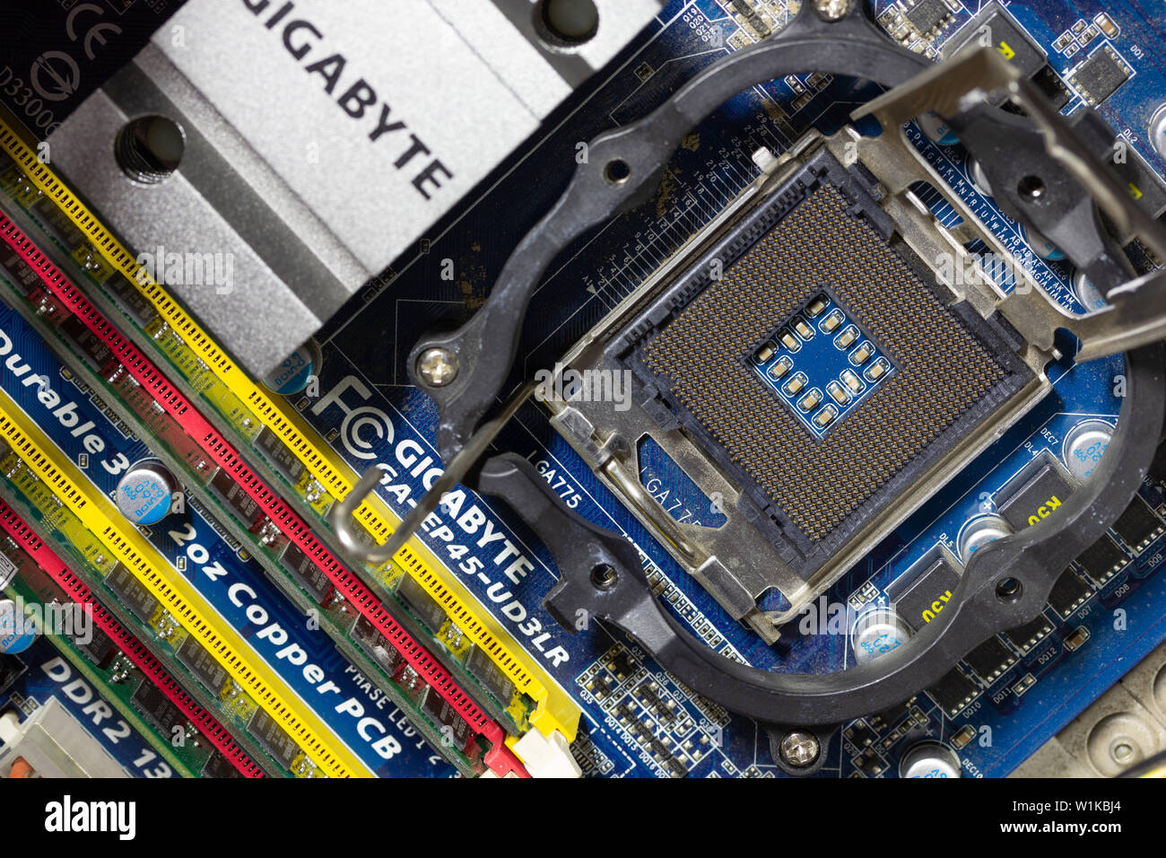 Maykop, Russia - September 17, 2016: empty socket Intel CPU on Gigabit motherboard, top view ...