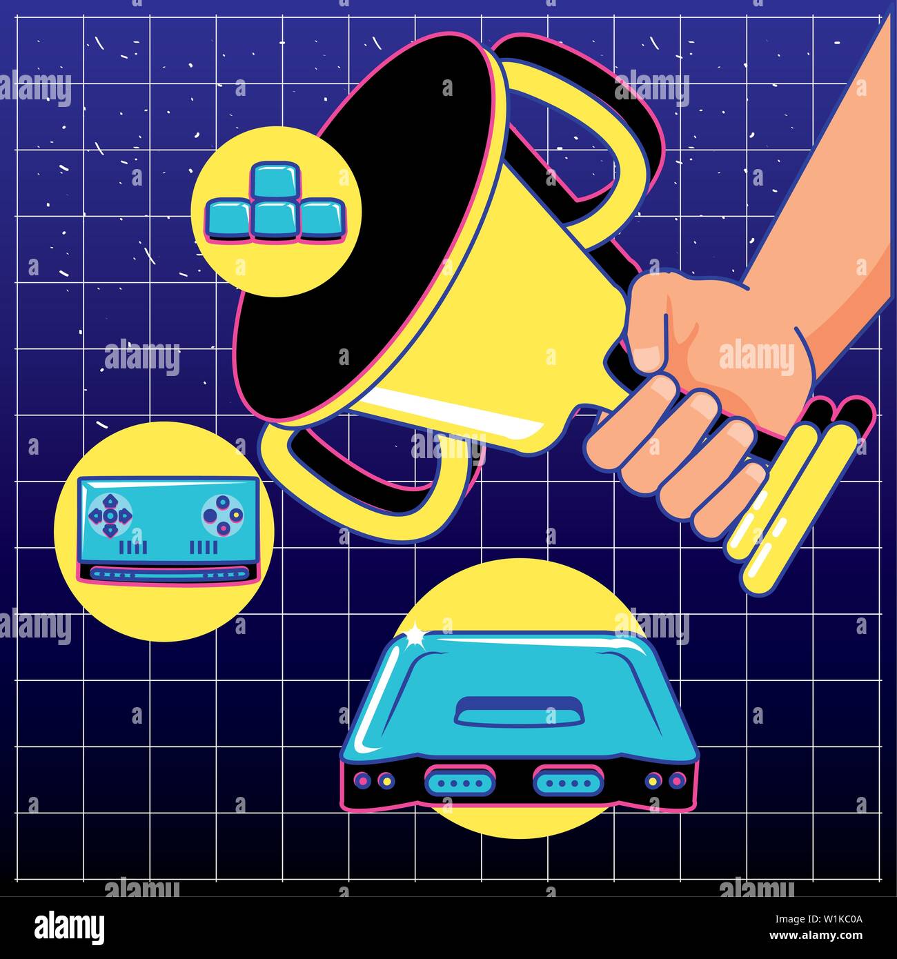 gamers hands playing with console and trophy vector illustration design ...