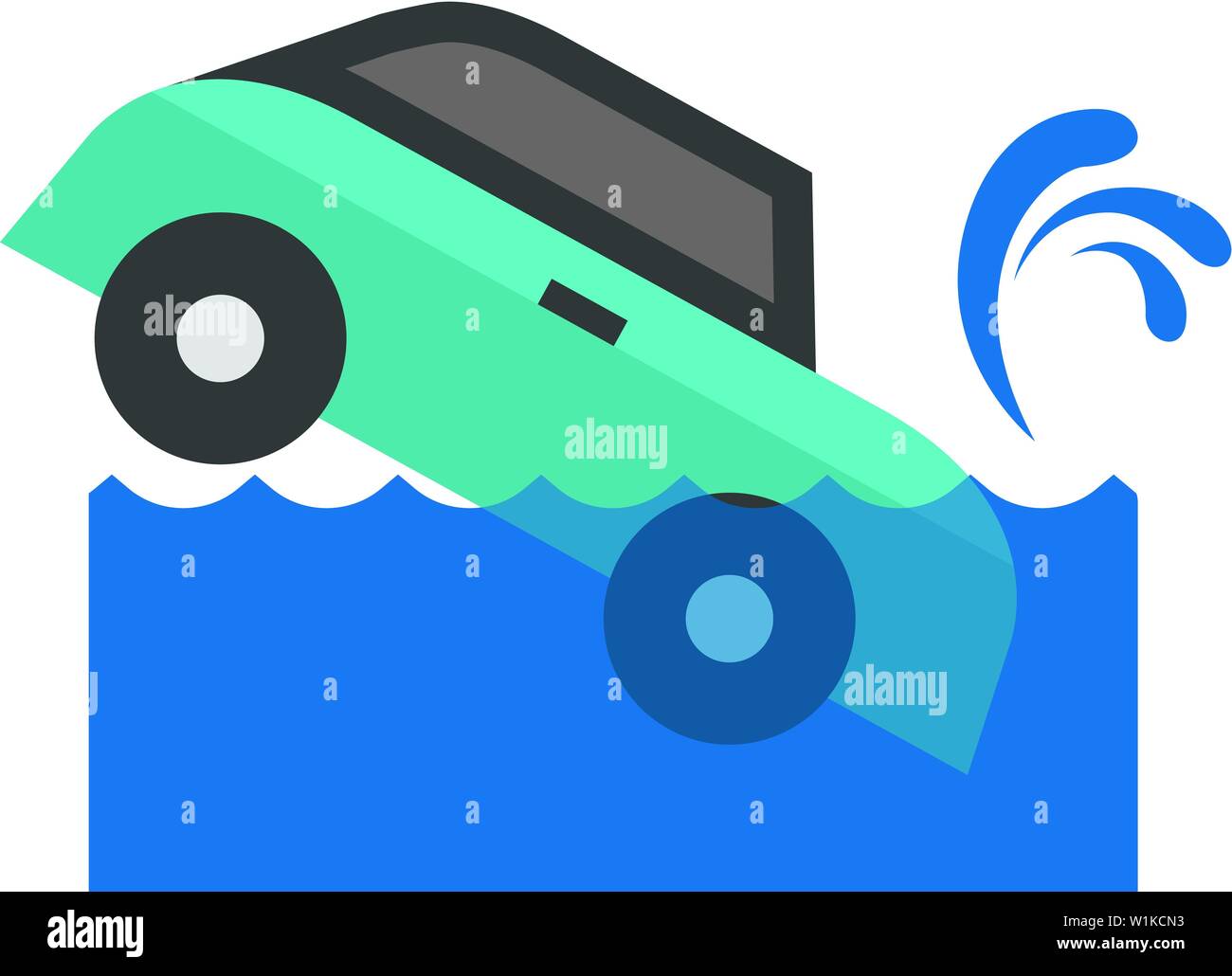 Drowned car icon in flat color style. Automotive natural accident flood ...