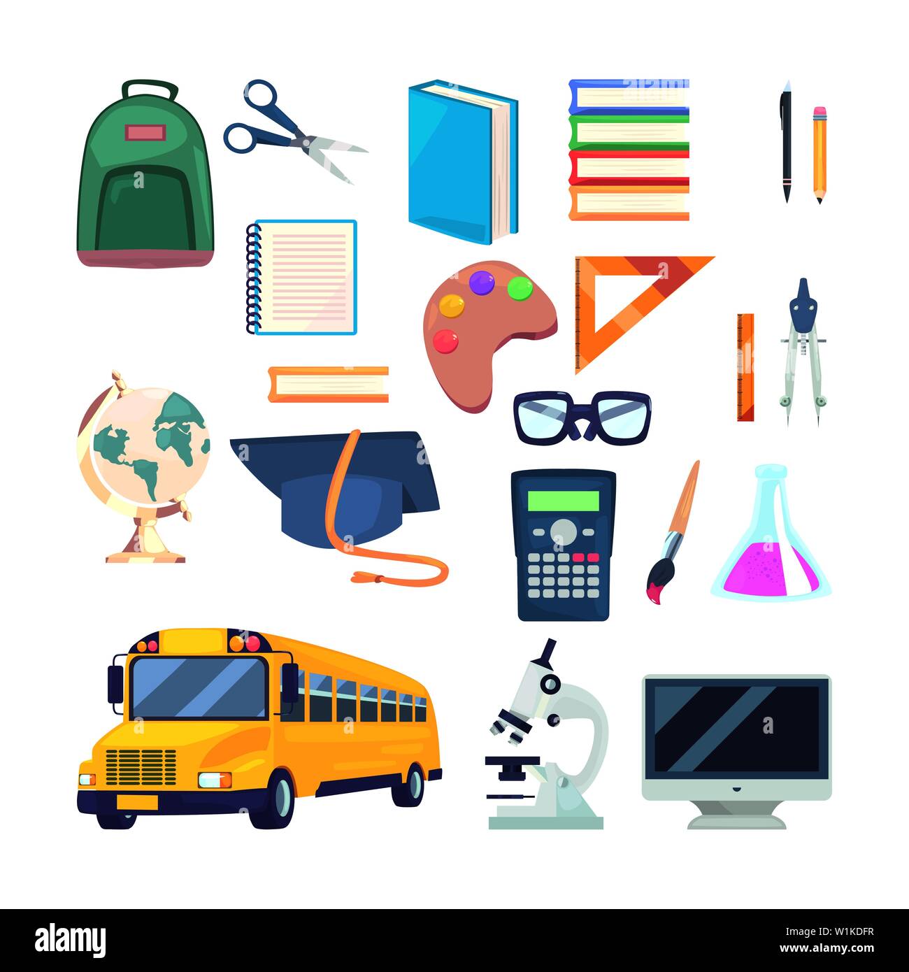 back to school bus computer and stationery supplies set vector ...