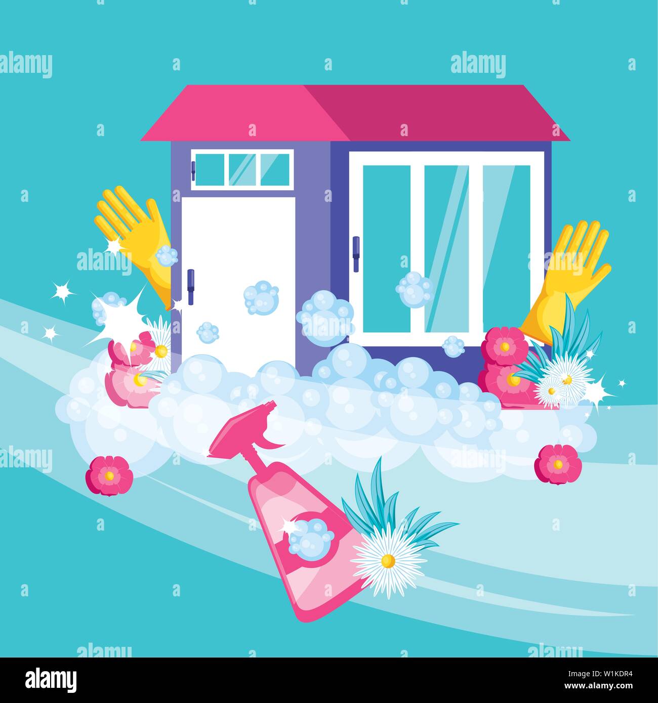 housekeeping tools with facade home and icons vector illustration ...