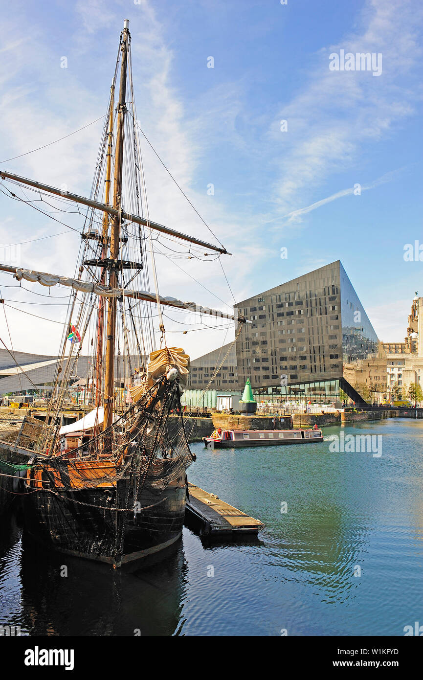 Sailing ship Zabo docked in front of Mann Island on Liverpool ...