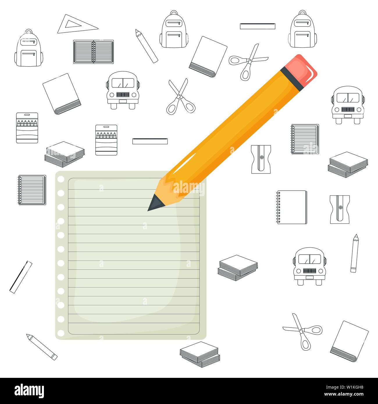 sheet of notebook paper with pencil and supplies vector illustration ...