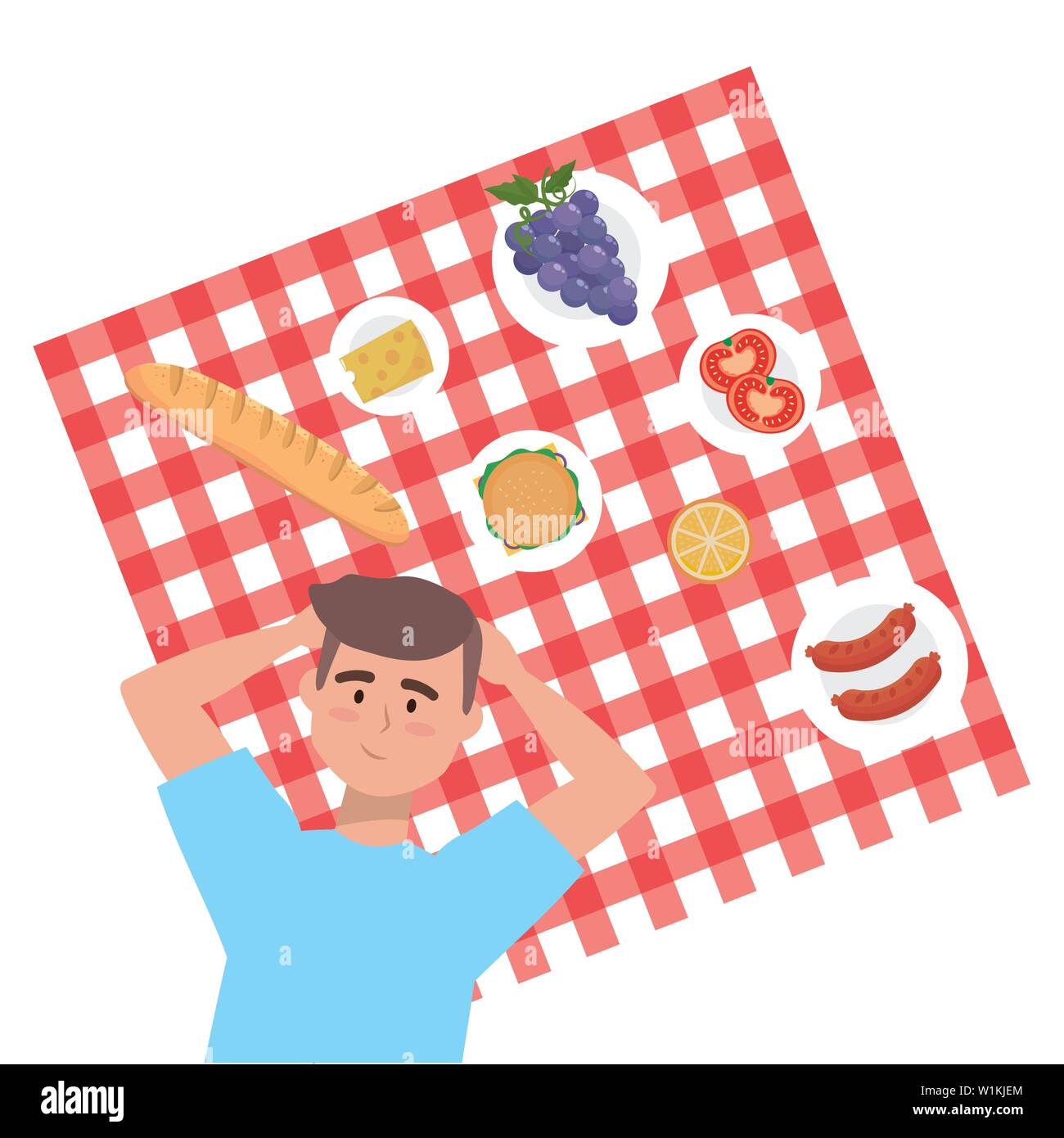 Man cartoon having picnic design, Food summer outdoor leisure healthy ...