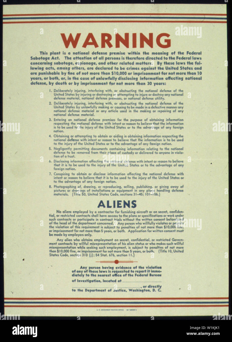 WARNING ALIENS 'THIS PLANT IS A NATIONAL DEFENSE PREMISE'. (FBI Dept ...