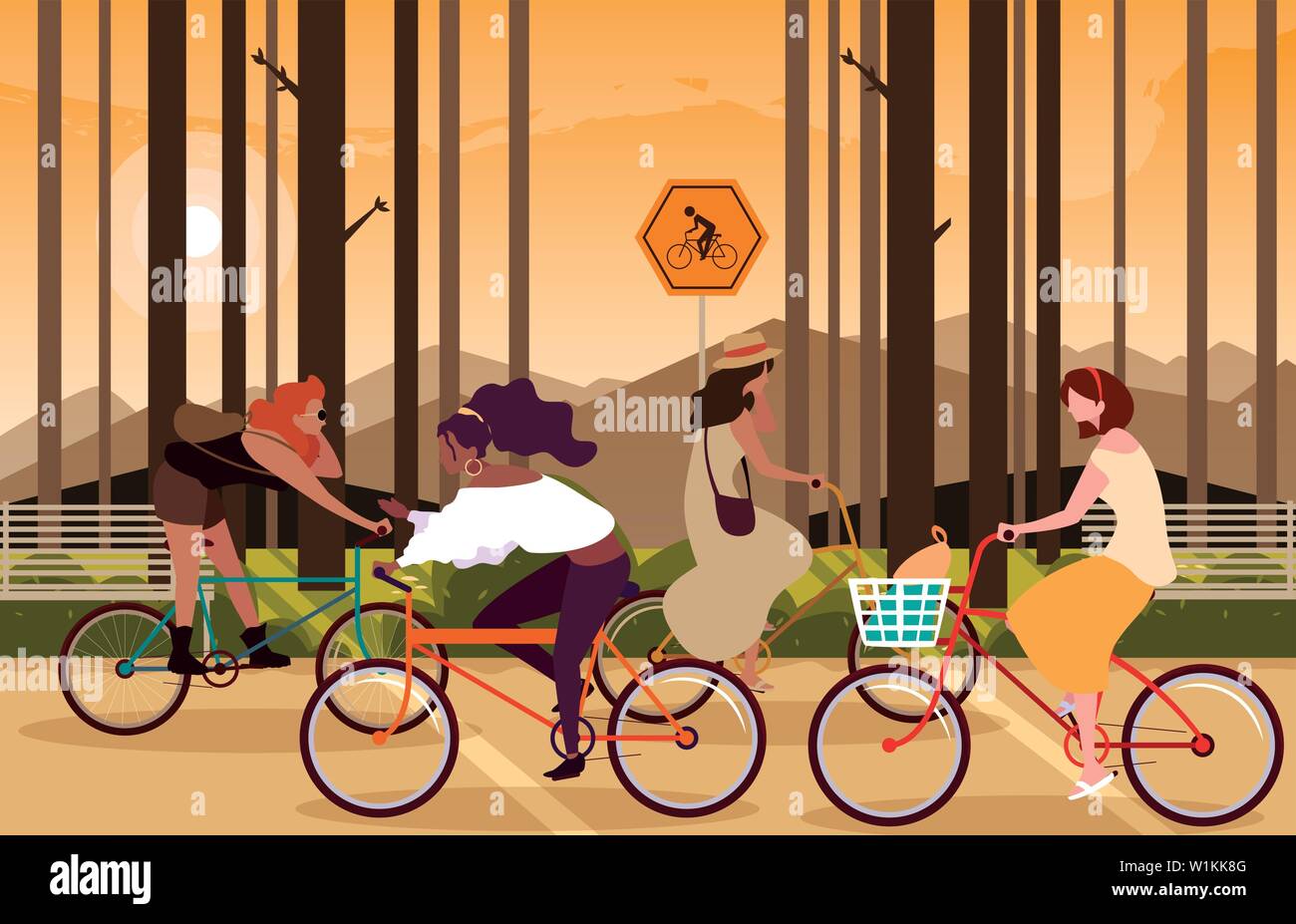 women riding bike in forest landscape with signage for cyclist vector ...