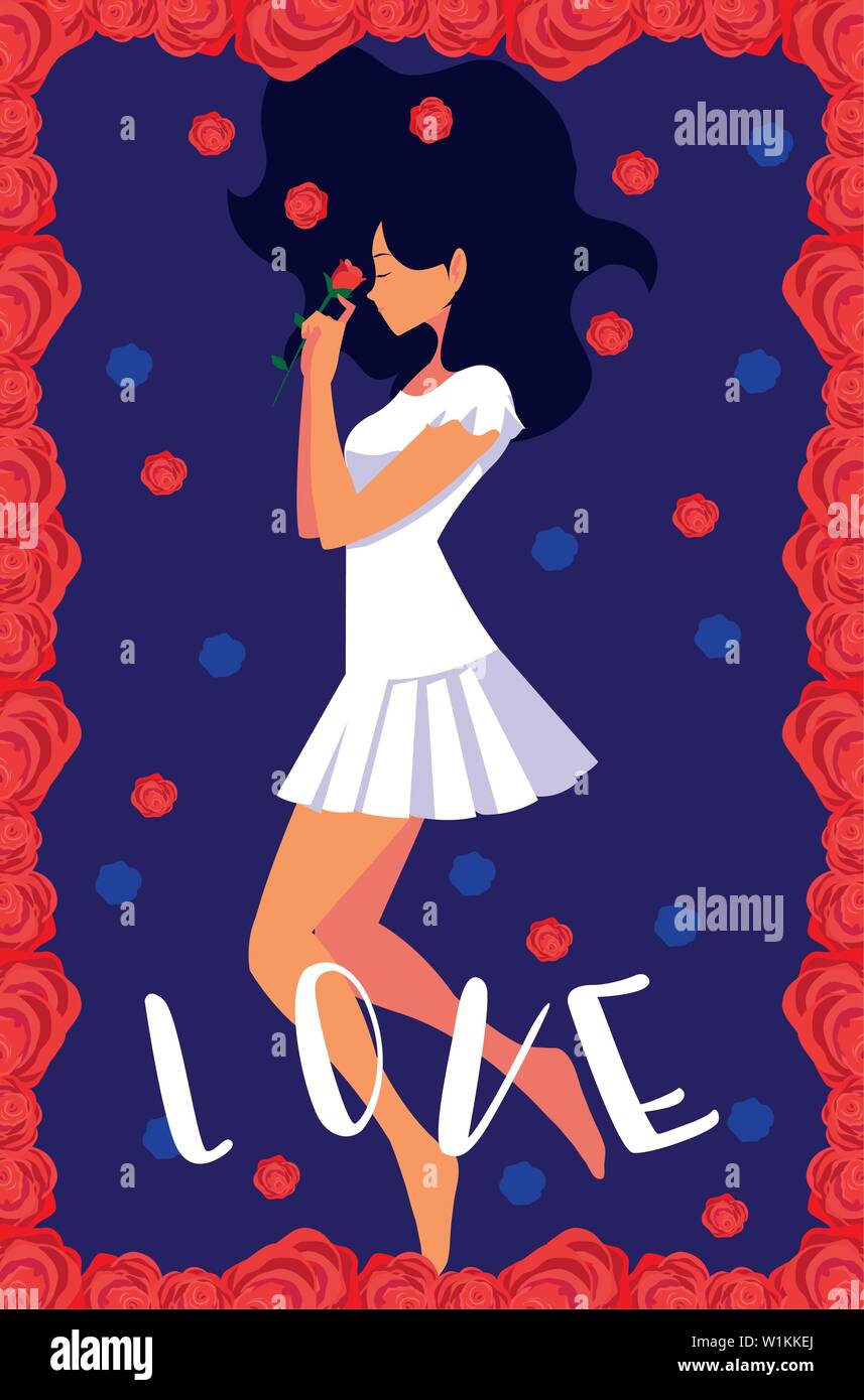woman fashion in poster love with flowers roses vector illustration ...