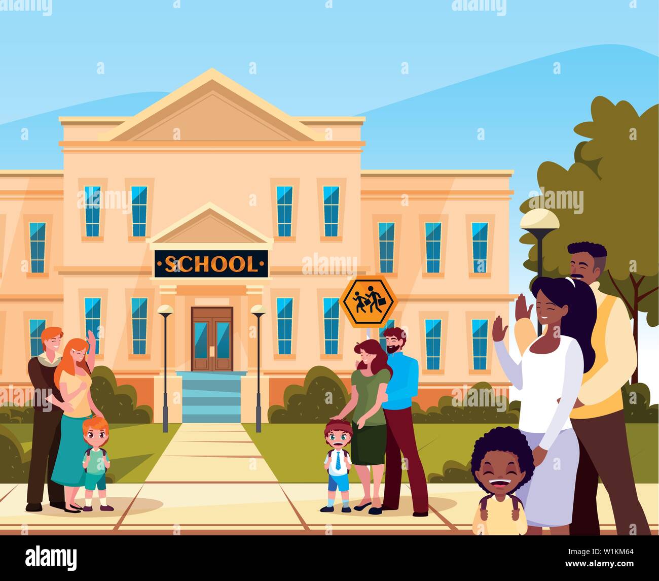 facade of school with parents and children vector illustration design ...
