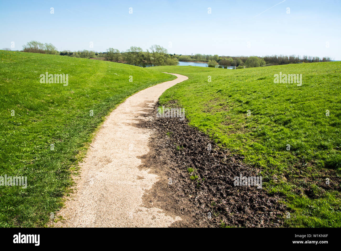 Curvy path with some mud in hilly landscape on sunny day in early ...