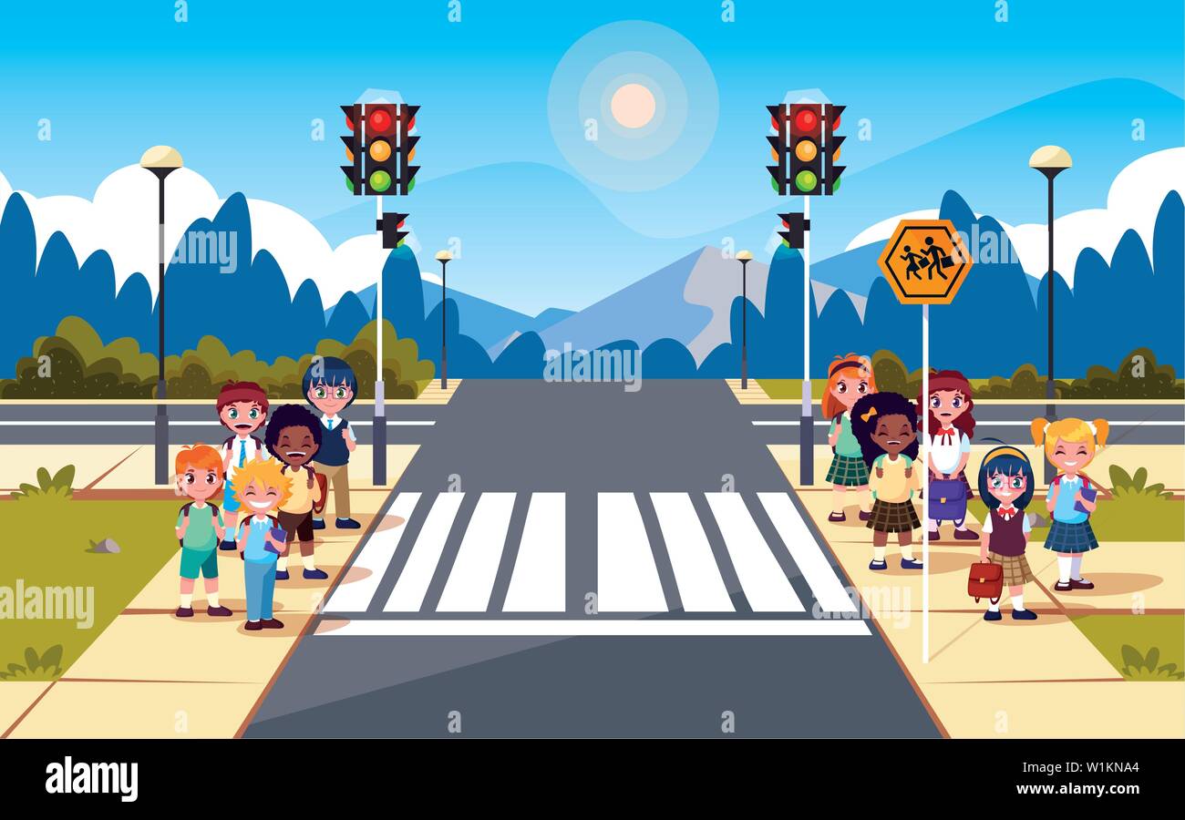 road street scene with traffic light and cute students vector ...