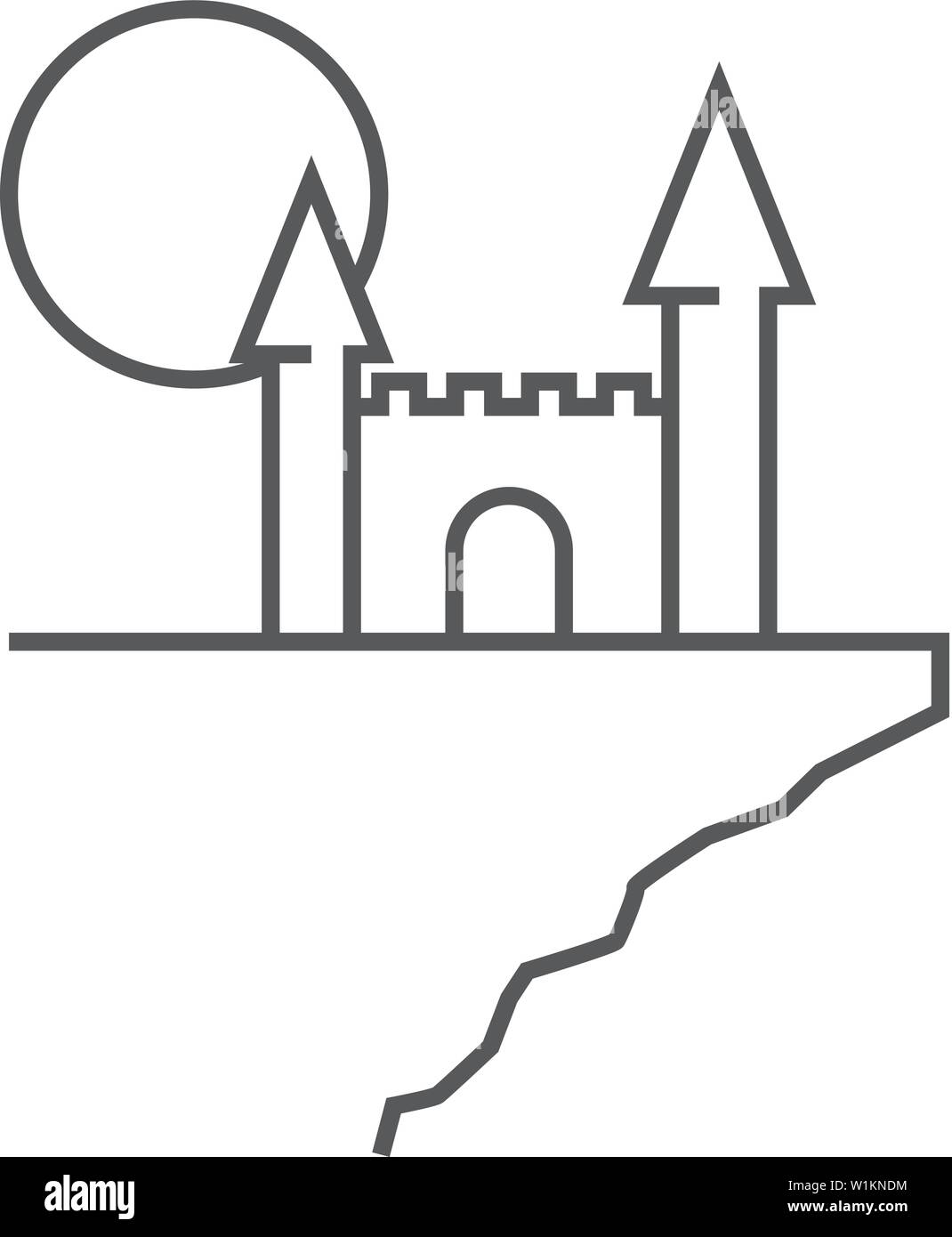 Dark castle icon in thin outline style. Halloween symbol path moon ...