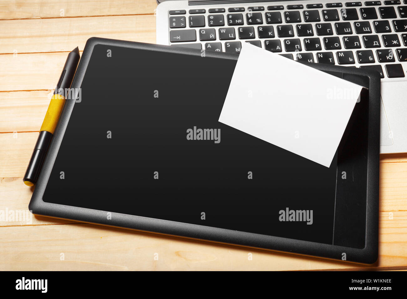 Office desk table with computer, supplies Stock Photo - Alamy