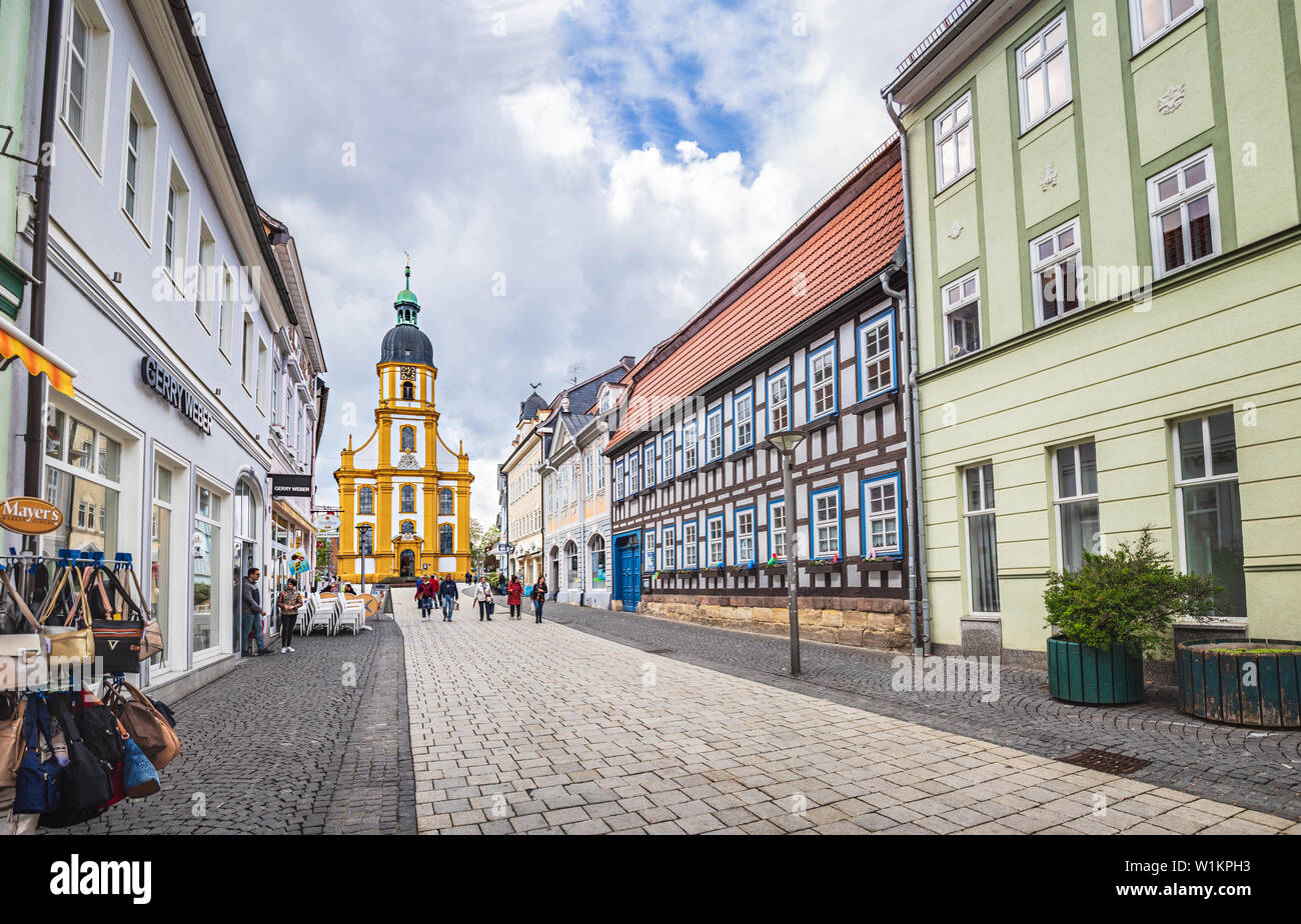 SUHL, GERMANY - CIRCA APRIL, 2019: Steinweg and Kreuzkirche of Suhl in Thuringia, Germany Stock ...