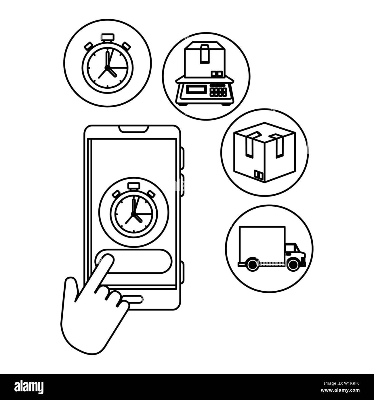 hand using smartphone with delivery app and icons Stock Vector Image ...