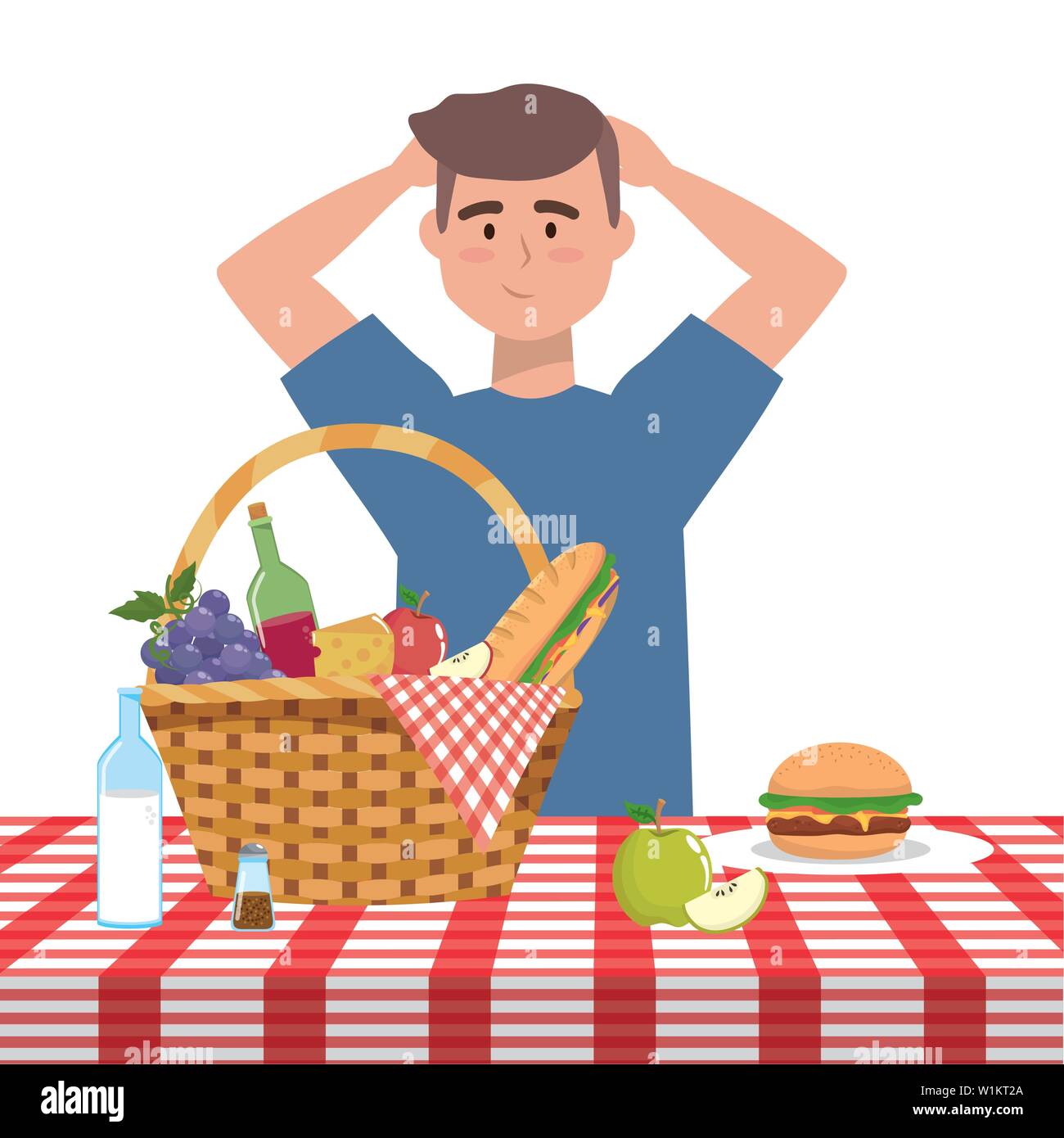 Man cartoon having picnic design, Food summer outdoor leisure healthy ...