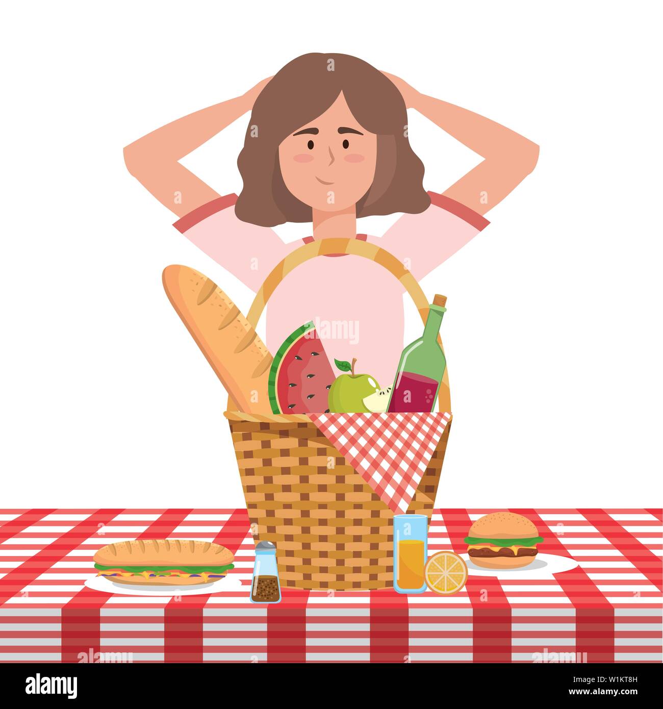 Woman cartoon having picnic design, Food summer outdoor leisure healthy ...