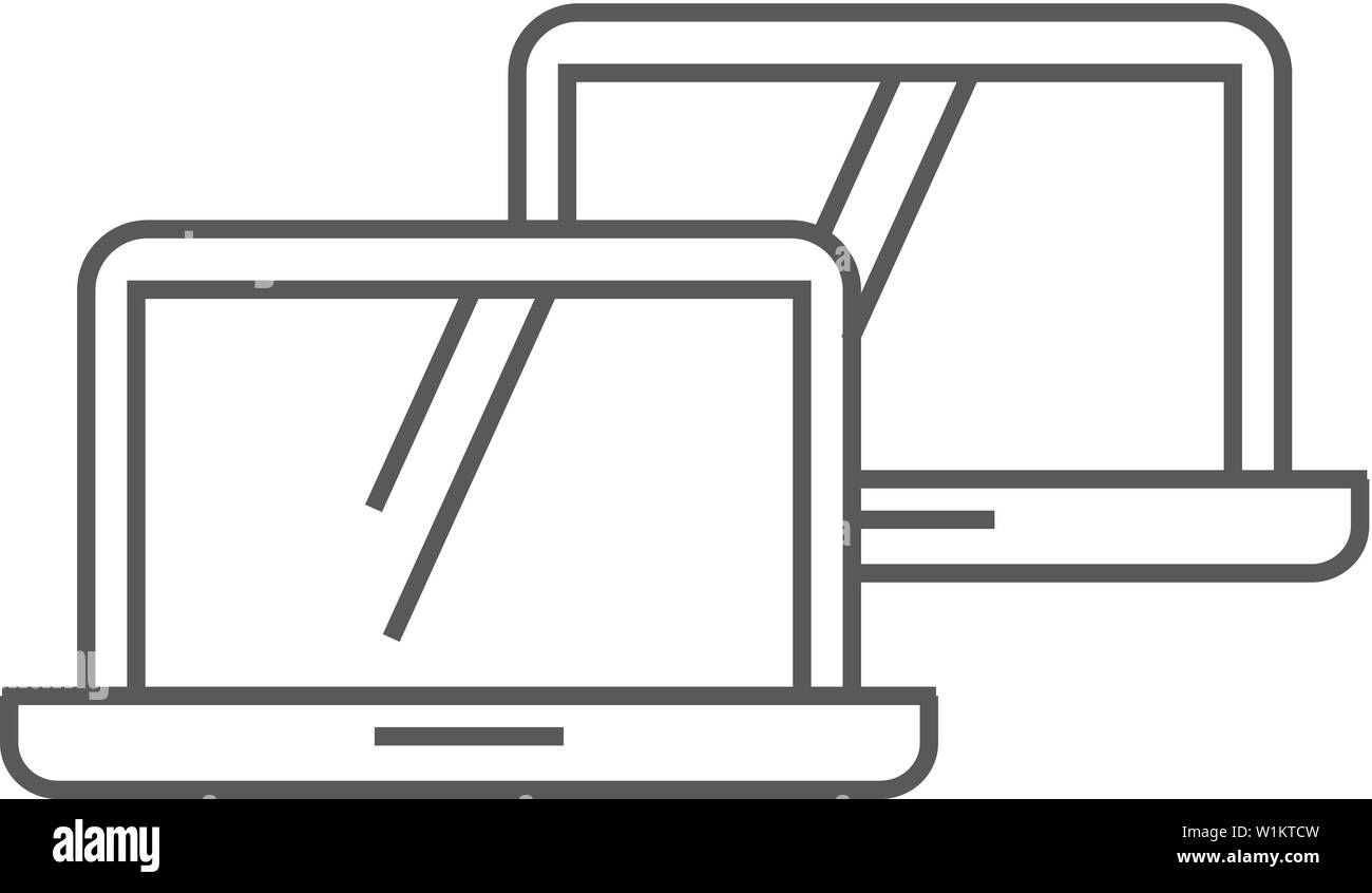 Laptops icon in thin outline style. Electronic computer network ...