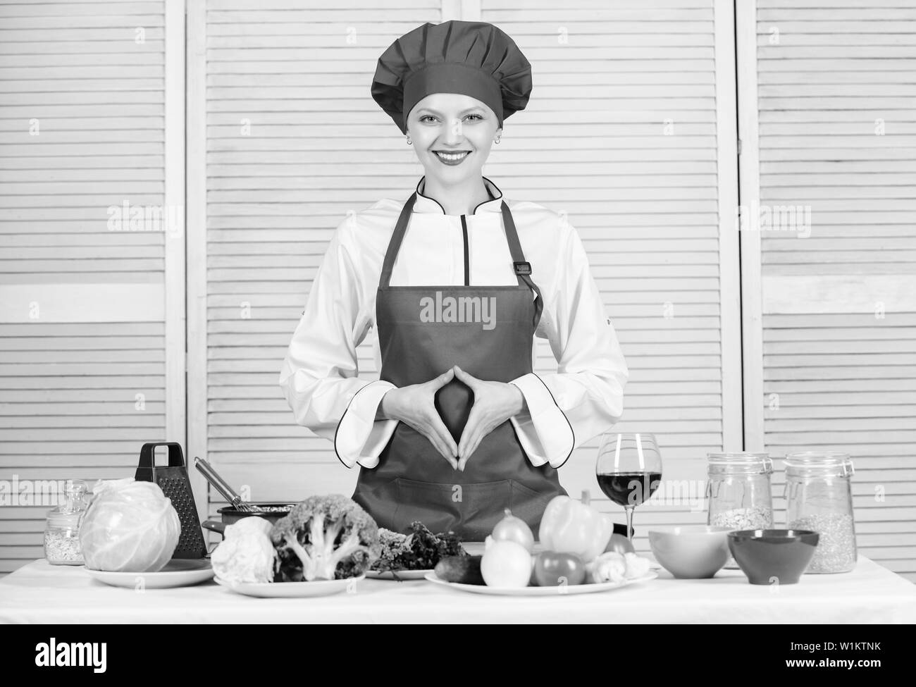 Lady adorable chef teach culinary arts. Improve culinary skill. Best ...