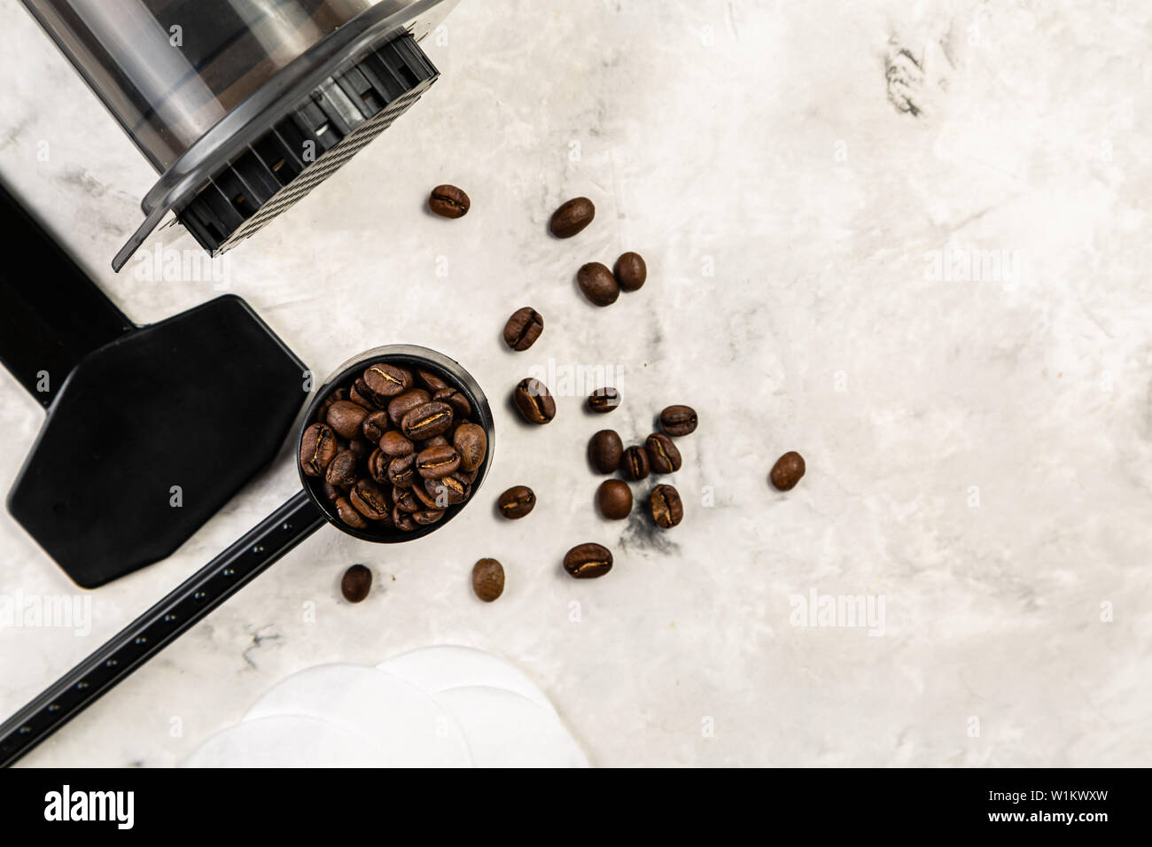 Coffee concept - beans, ground, instant, capsules, marble background ...