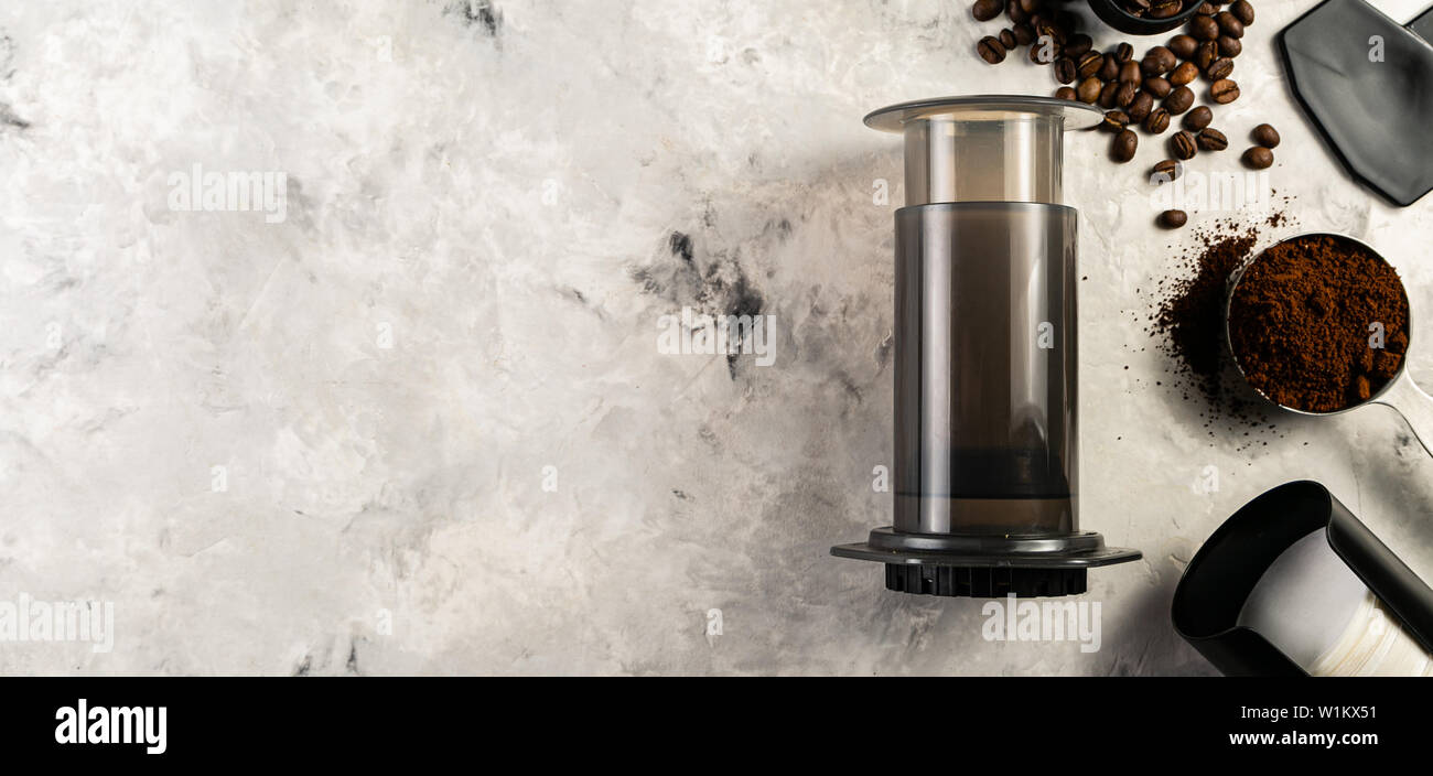 Coffee concept - beans, ground, instant, capsules, marble background ...