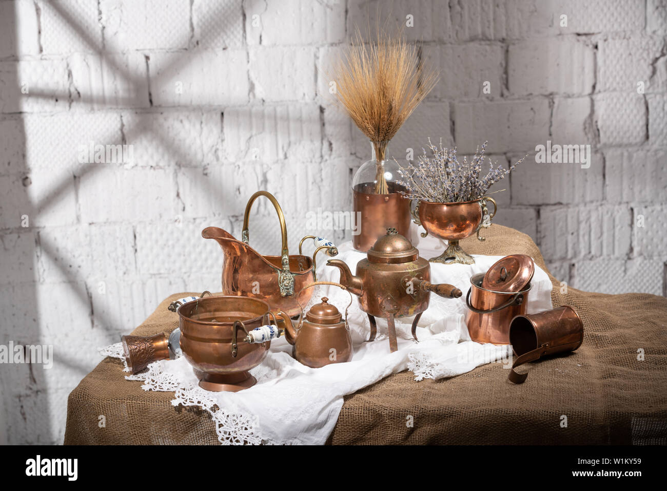 Description: still life with a set of old antique copper utensils Stock ...
