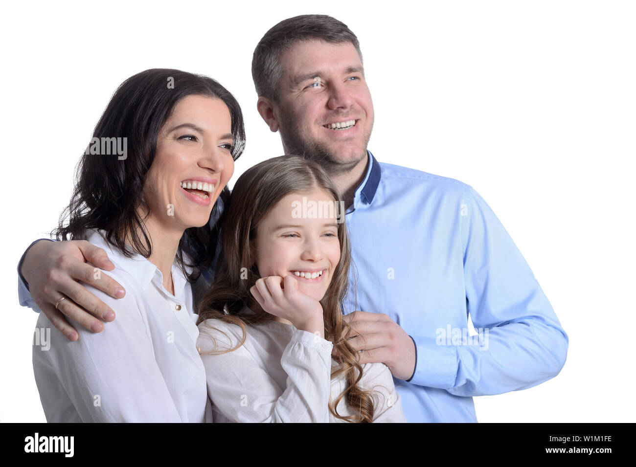 Happy family of three on white background Stock Photo - Alamy