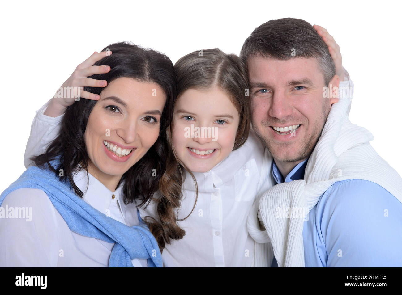 Happy family of three on white background Stock Photo - Alamy