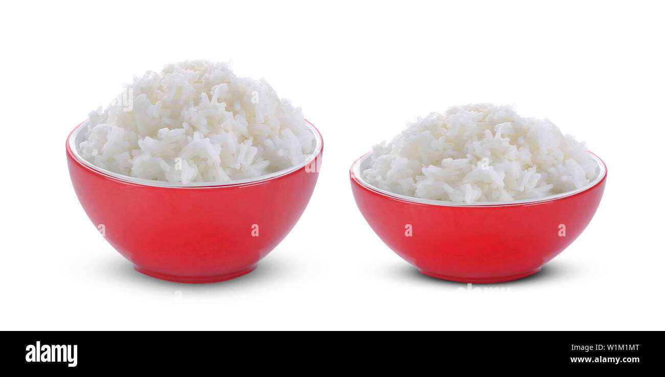 Rice in red bowl on white background Stock Photo - Alamy