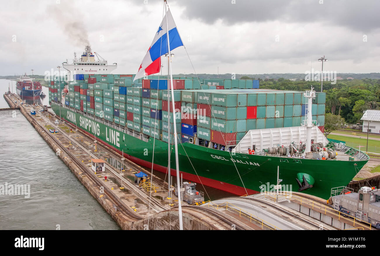 Panama Canal / Panama - May 18.2007: View on the big container ship ...