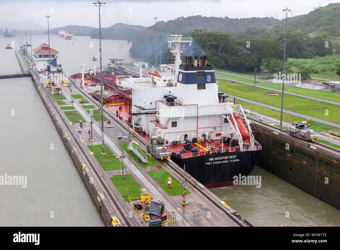 Panama Canal / Panama - May 18.2007: View on the big ship sailing ...